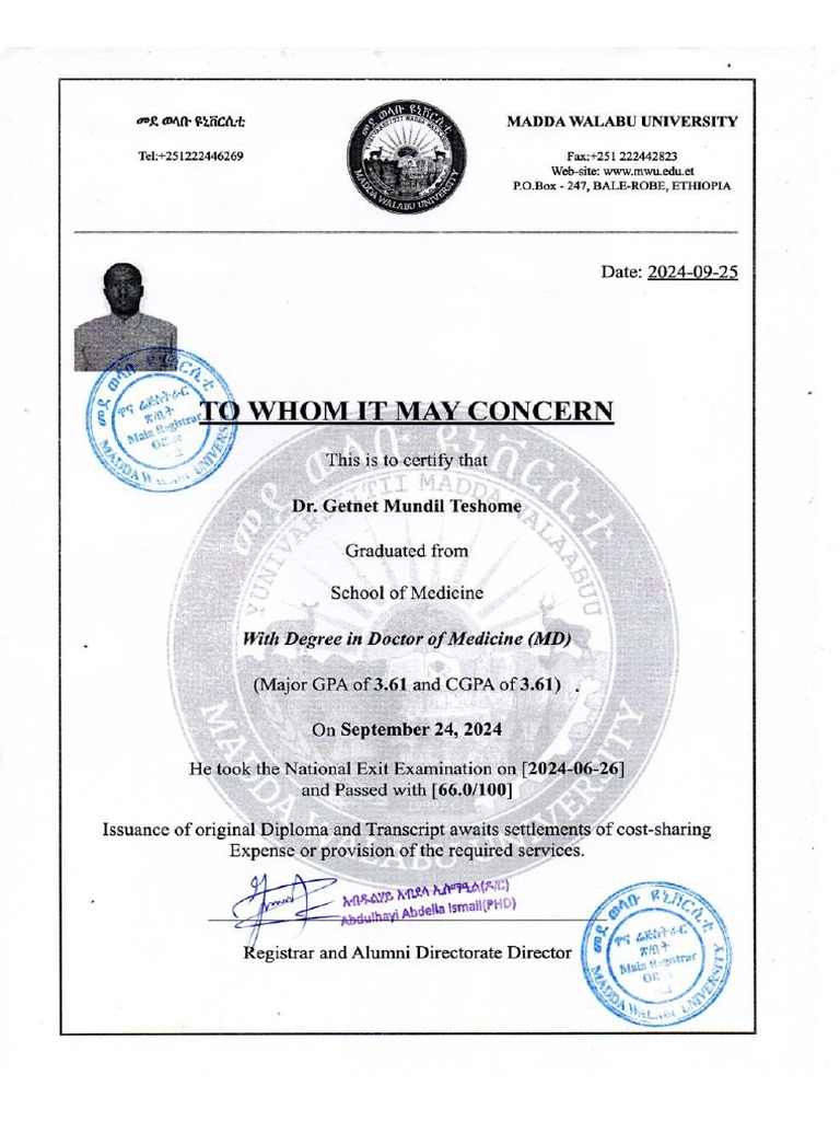Dr. Getnet Mundil Temporary Degree | PDF