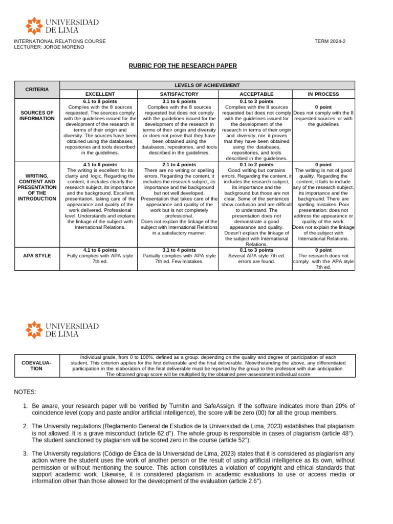 IR Research Essay Rubric 2024-2 | PDF