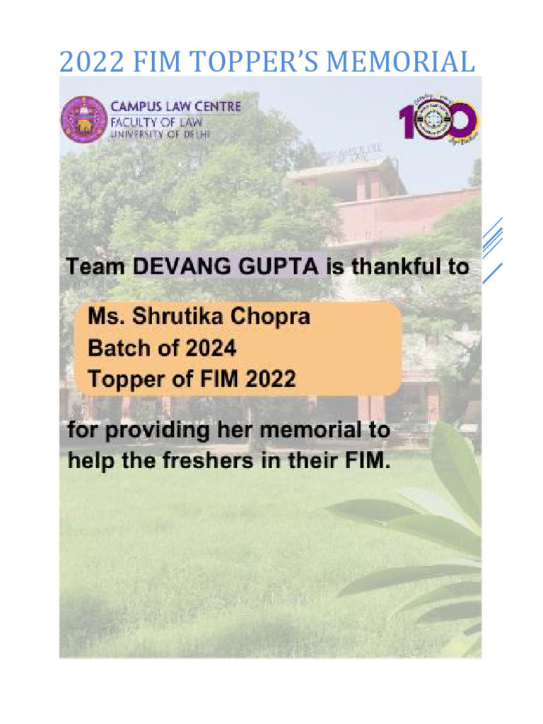 Team DEVANG GUPTA - Memorial of FIM 2022 Topper | PDF