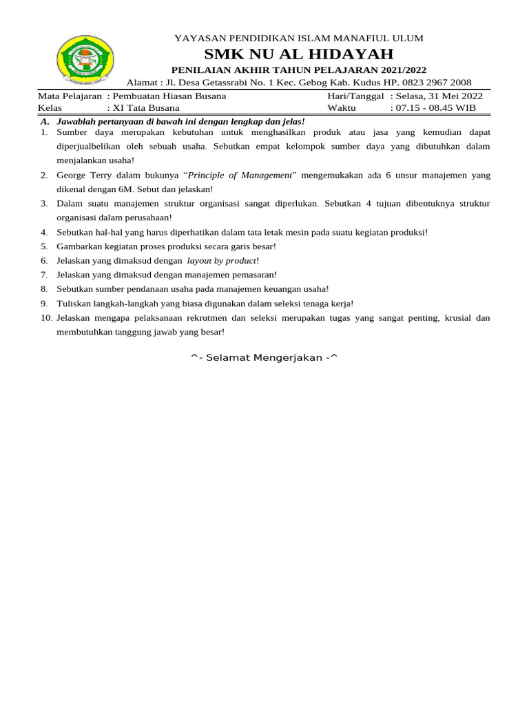 Xi Tb. Pkk. Soal Pat 2021-2022 | PDF