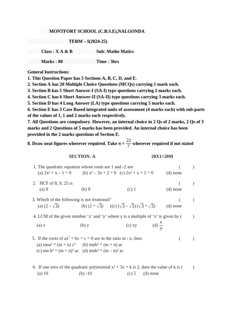 Class X Algebra 1 Term I Exam Paper | PDF | Mathematics | Algebra
