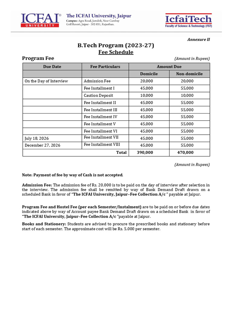 Annex II - Fee Schedule B.Tech-2023-27 | PDF | Finance & Money Management
