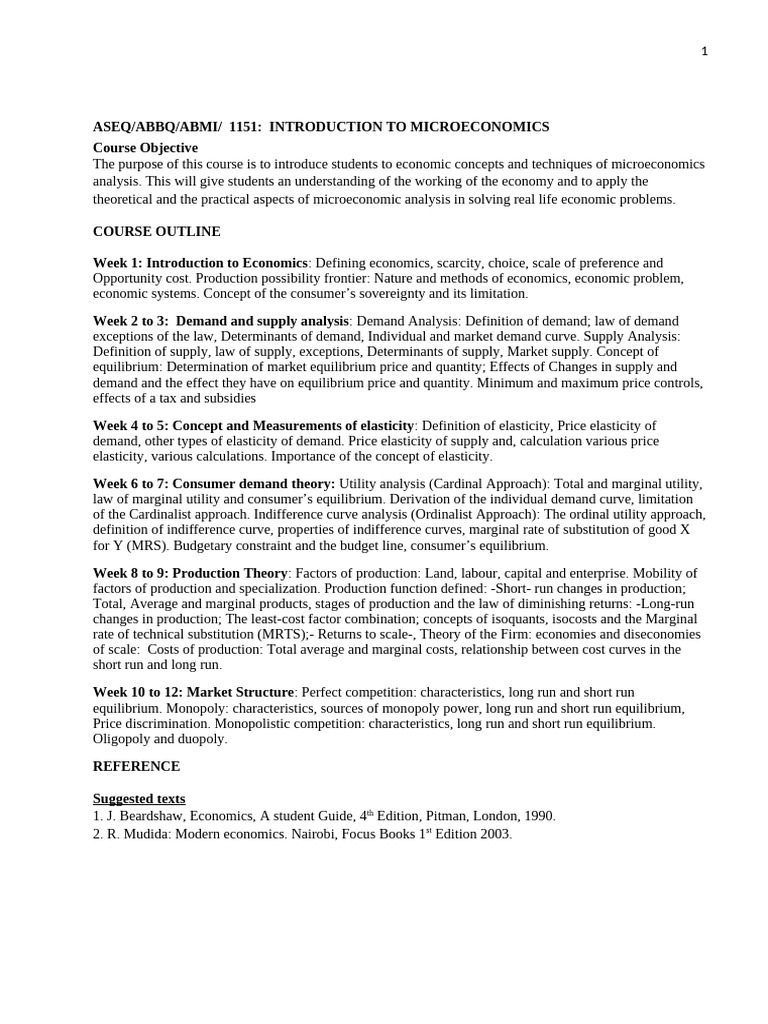 Course Outline Aseq 1151 Microecon | PDF | Elasticity (Economics) | Demand
