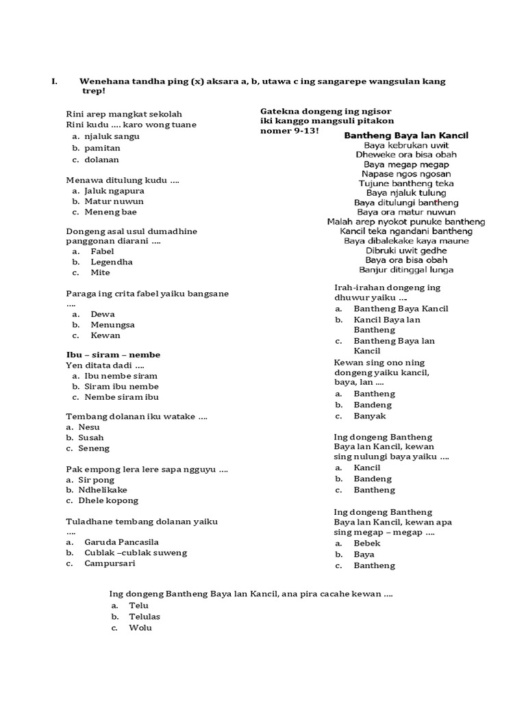 SOAL STS 2 BAHASA JAWA KELAS 1 | PDF