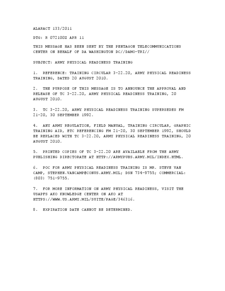 Alaract 133 2011 Army Physical Readiness Training | PDF