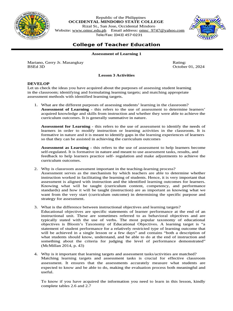Lesson 3-Activities-Assessment-of-Learning | PDF