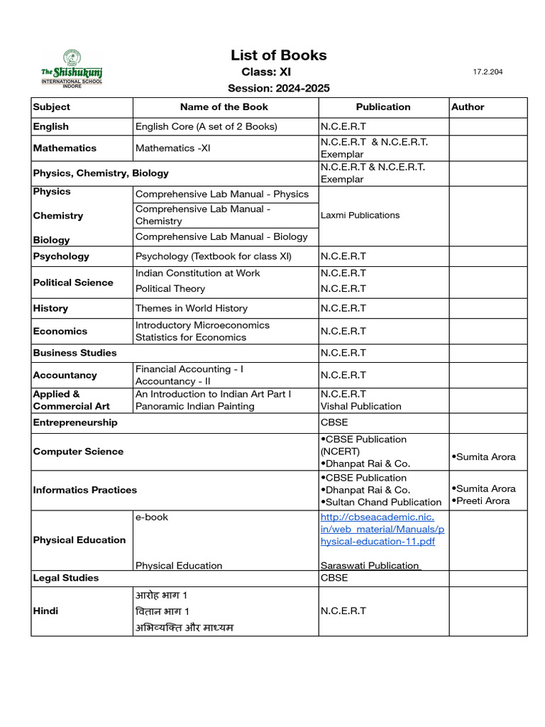 Class 11 Book List 2024 Class XI | PDF