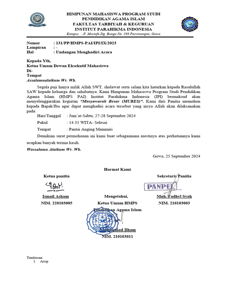 Undangan Menhadiri Acara Dewan Eksekutif Mahasiswa | PDF