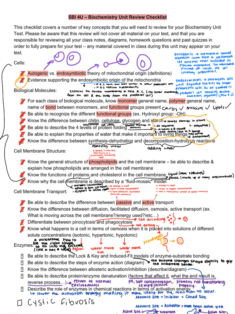 UNIT REVIEW CHECKLIST - Biochemistry Unit (2019) | PDF