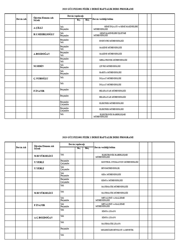 2024 2025 Guz Fiz1001 Fizik 1 Haftalik Ders Programi Acilan260924 | PDF