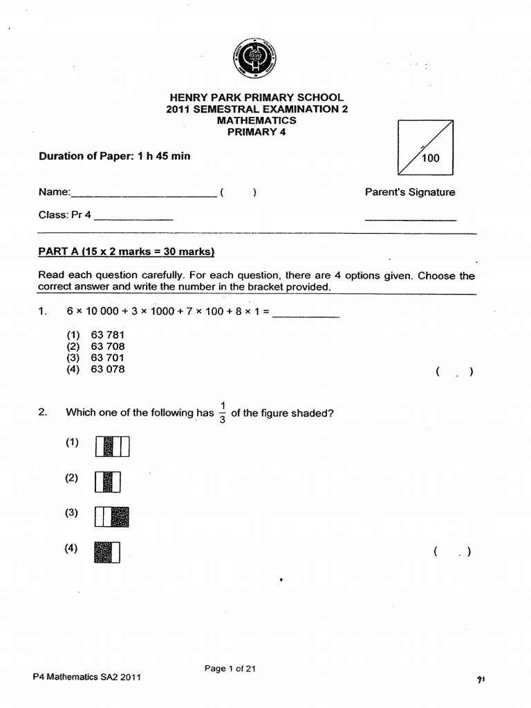 2011 P4 Math SA2 Henrypark | PDF