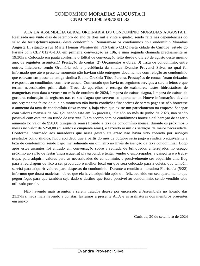 Ata Da Assembléia Geral Ordinária Do Condomínio Moradias Augusta II | PDF