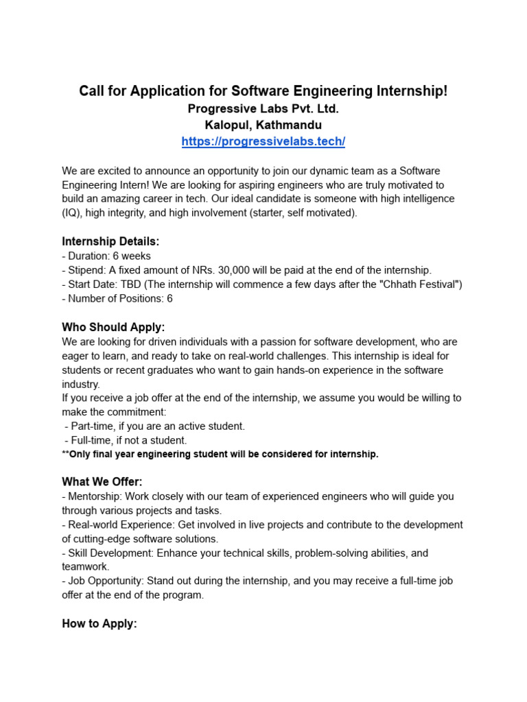 Progressive Labs Internship Details | PDF