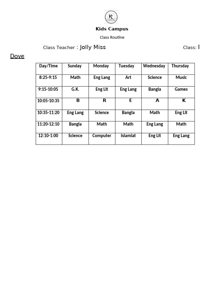 Kids Campus Dove Class Routine | PDF