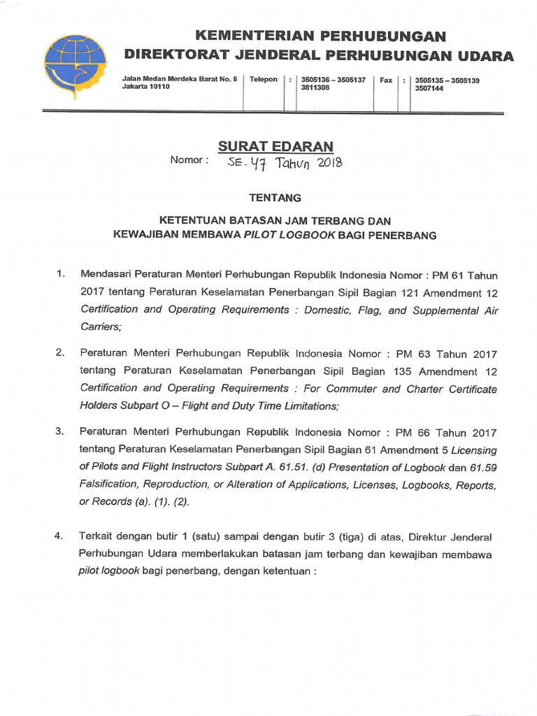 SE 47 Tahun 2018 Tentang Ketentuan Batasan Jam Terbang Kewajiban ...