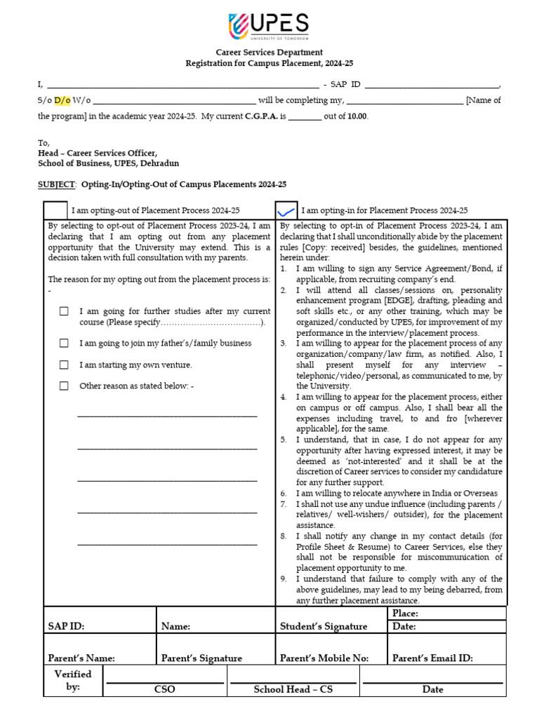 Campus Placement - Registration Form - 2024-25 | PDF