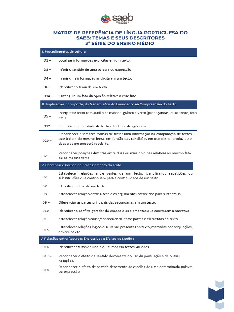 Matriz de Referencia de Lingua Portuguesa. | PDF | Artes del lenguaje y ... Matriz de Referencia de Lingua Portuguesa. | PDF | Artes del lenguaje y ...