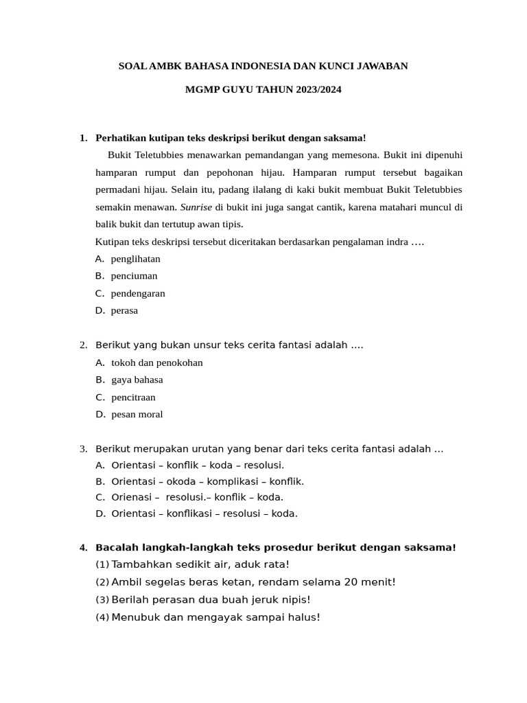 Soal Ambk Bahasa Indonesia Dan Kunci Jawaban | PDF
