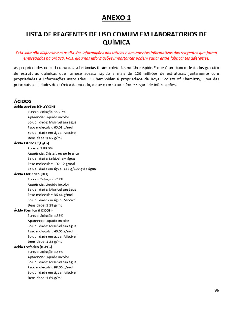 Anexo 1 - Lista de Reagentes de Uso Comum em Laboratorios de Química | PDF