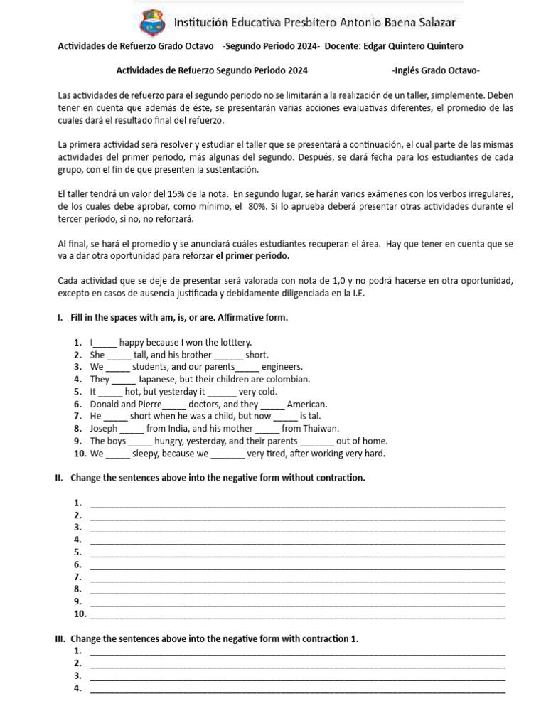 Actividades de Refuerzo Segundo Periodo 2024 Octavo | PDF