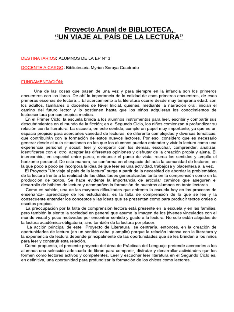 proyecto anual de biblioteca 2024 Cuadrado Soraya | PDF
