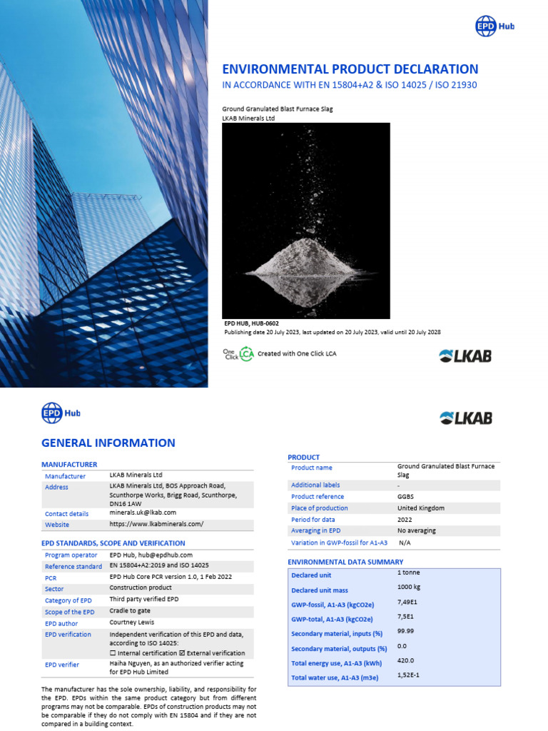 EPD LKAB LTD Ground Granulated Blast Furnace Slag HUB-0602 2024-09-03 | PDF