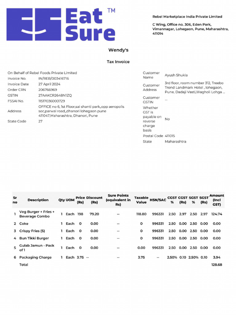 EatSure Receipts 27april | PDF
