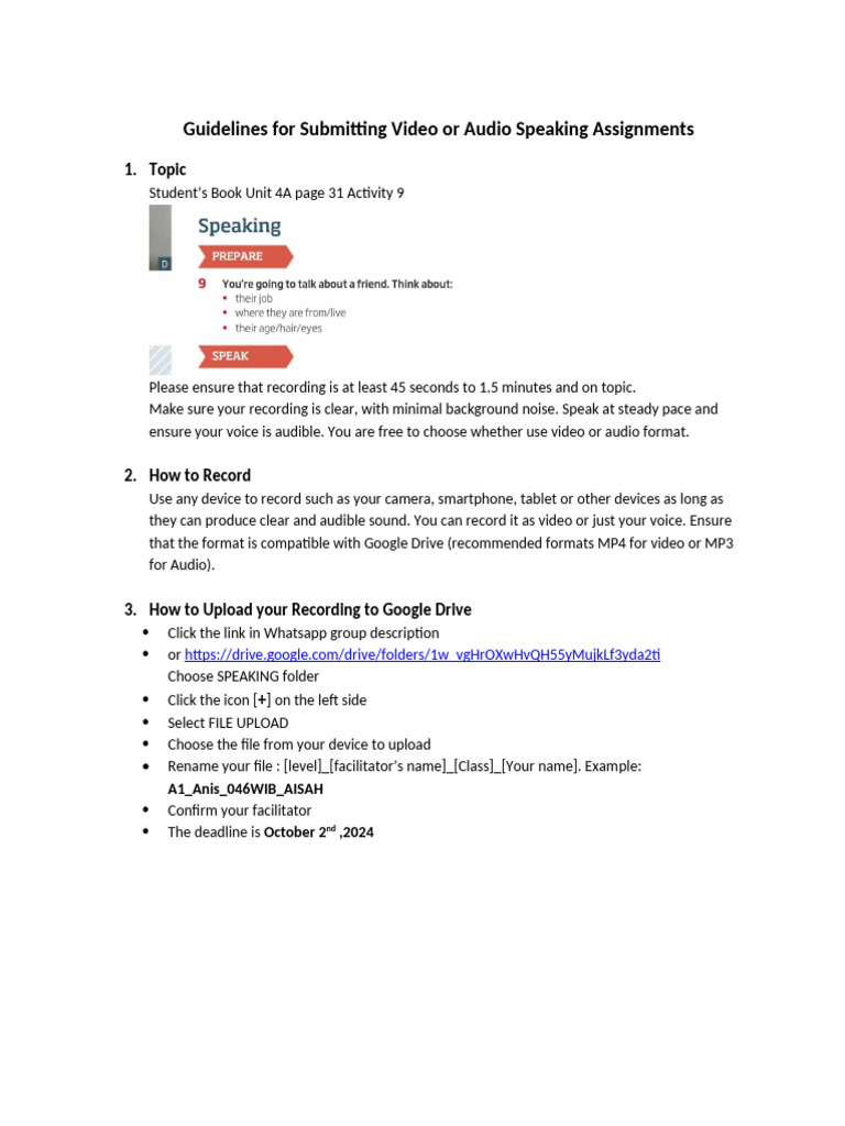 Guidelines Forsubmitting Video or Audio Speaking Assignments | PDF
