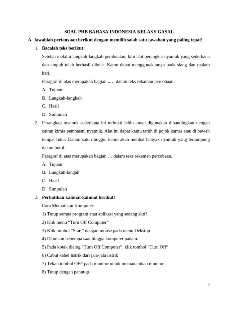 SOAL PHB B.INDO 9 Gasal | PDF