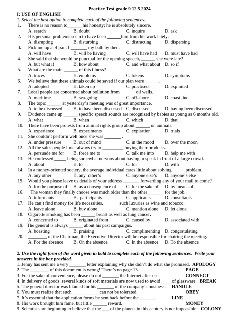 Practice Test Grade 9 12.5.2024 | PDF