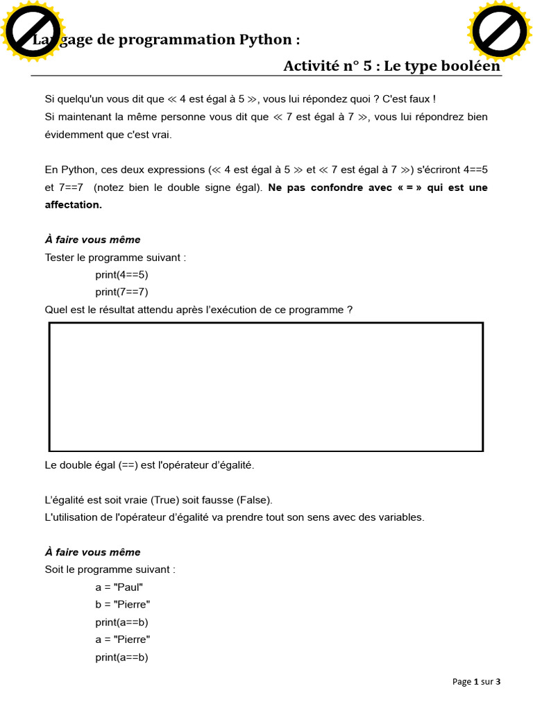 Activité N° 5 Le Type Booléen - v2 | PDF