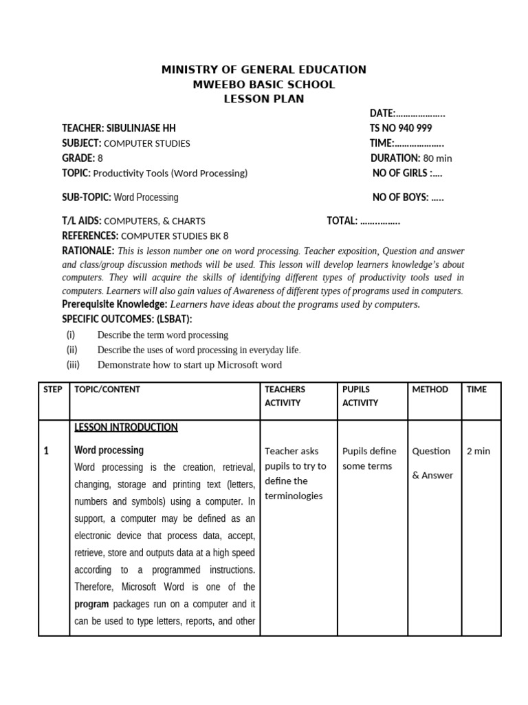 2024 Lesson Plans G9 Computer Studies | PDF
