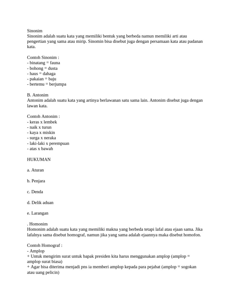 Contoh Kata Sinonim & Antonim | PDF