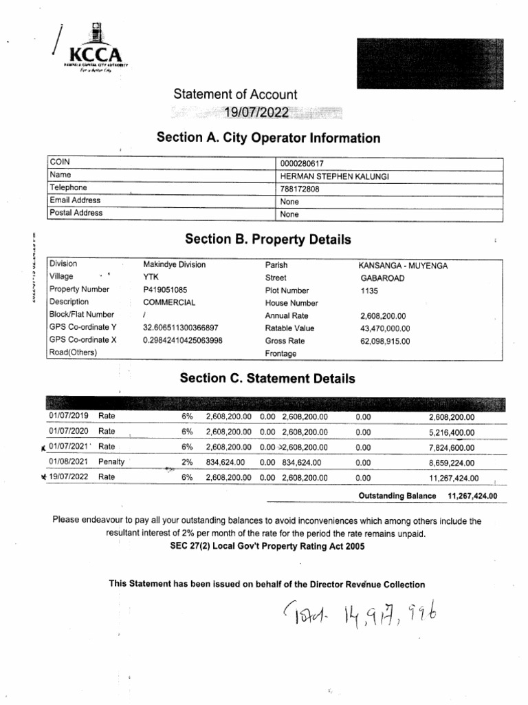 Uganda Kampala Capital City Authority, Property Tax Sample | PDF