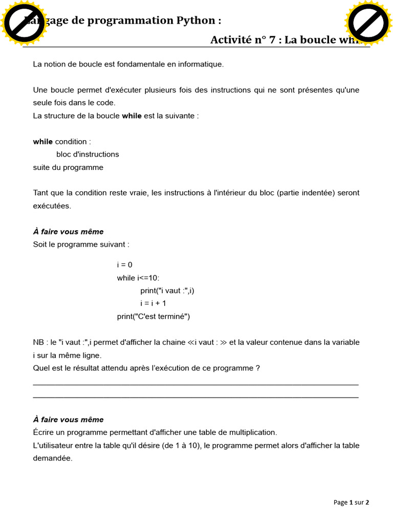 Activité N° 7 La Boucle While - v2 | PDF