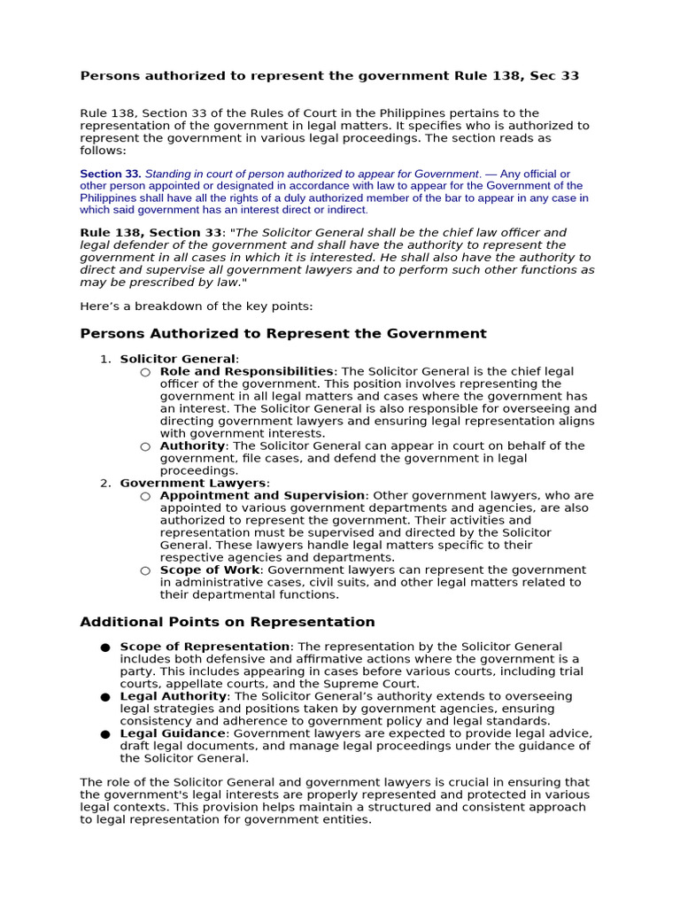 Persons Authorized To Represent The Government Rule 138 Sec 33 | PDF