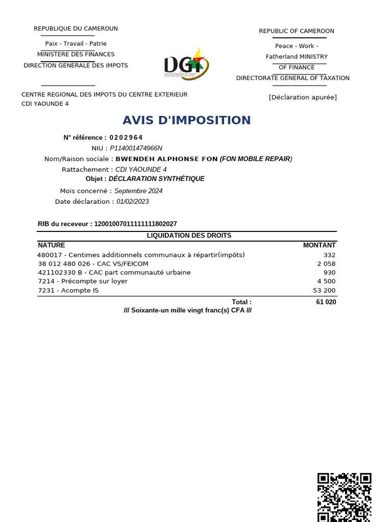 Avis D'Imposition: #Référence: 0 2 0 2 9 6 4 | PDF