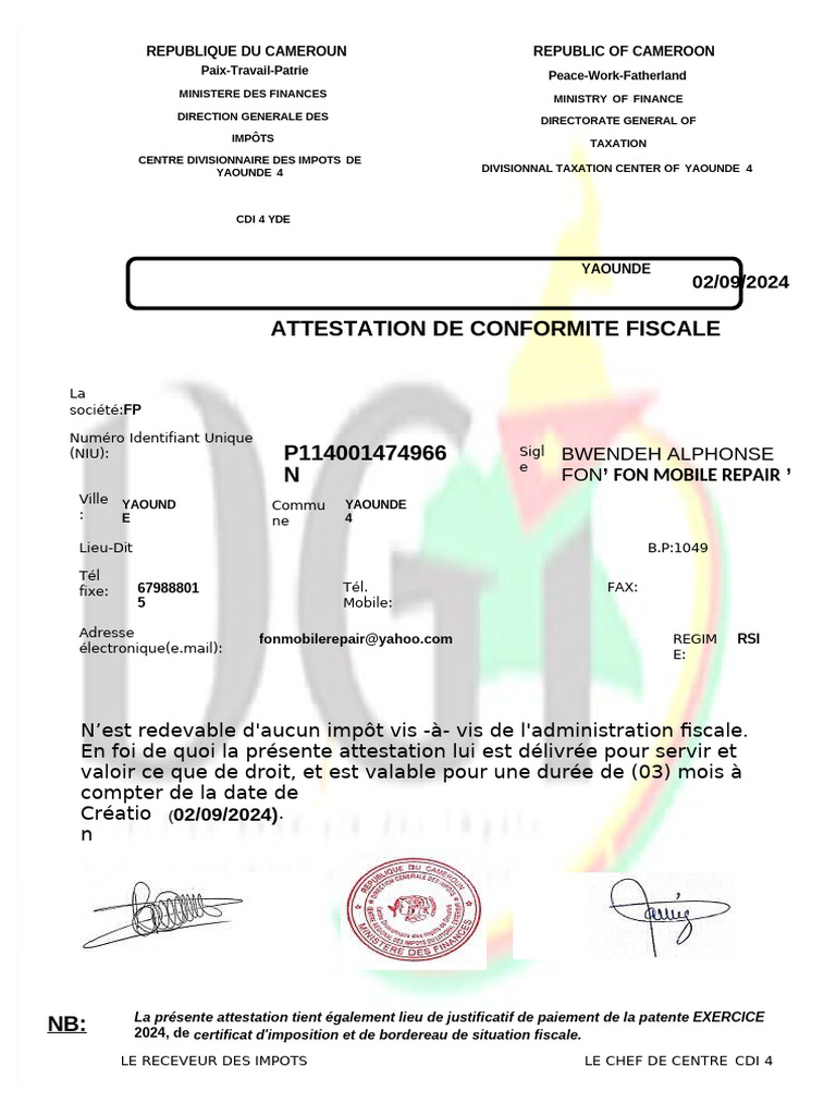 Attestation de conformite fiscale | PDF