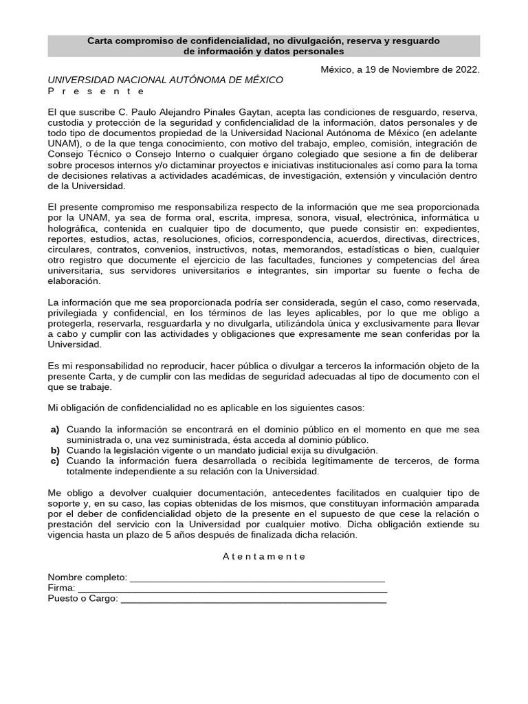 Carta Cofidencialidad UNAM | PDF