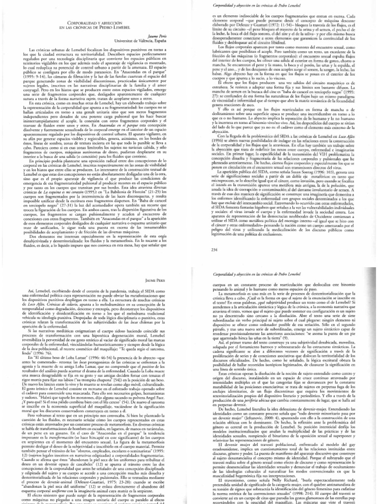 PERIS, Jaume. Corporalidad y Abyección en Las Crónicas de Pedro Lemebel | PDF