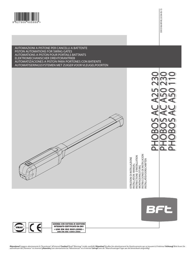 Brazo Electrico Manual BFT Phobos AC A25 A50 ESP | PDF