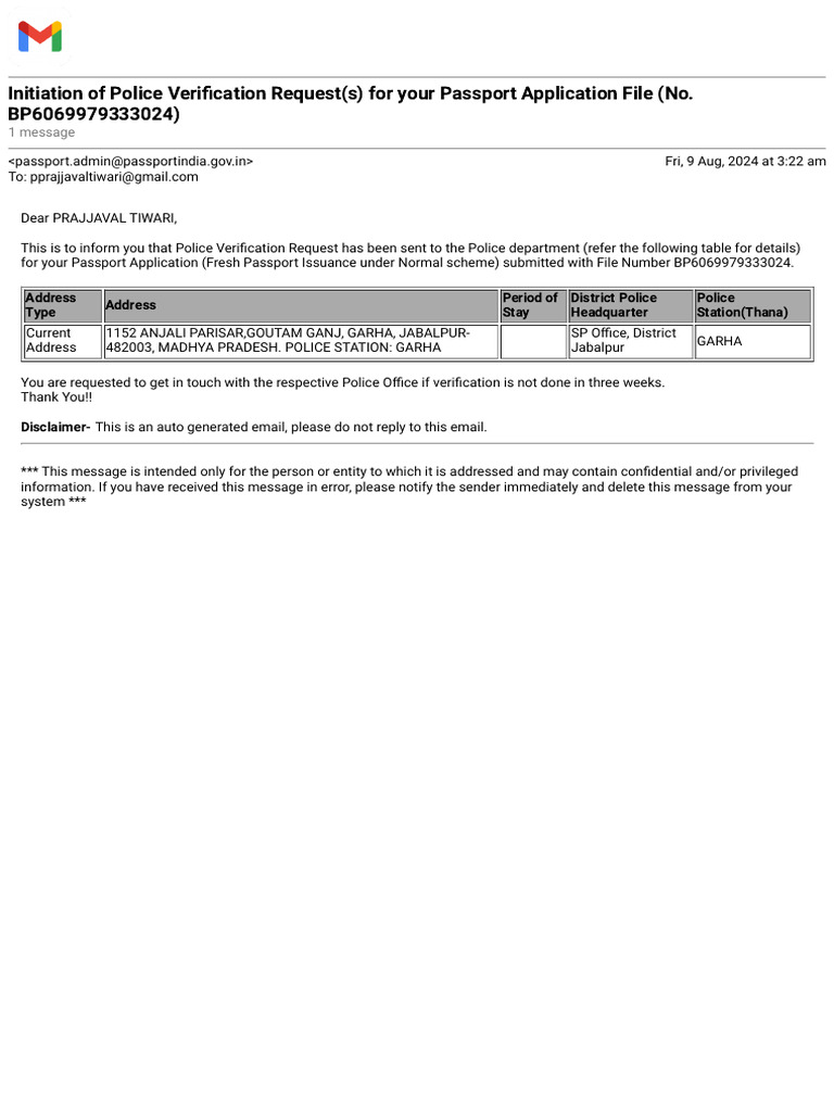 Gmail - Initiation of Police Verification Request(s) For Your Passport ...