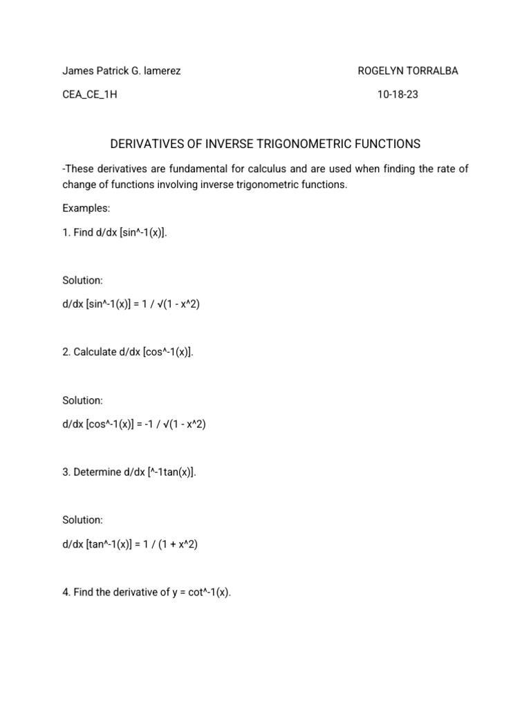 DERIVATIVE OF INVERSE TRIGONOMETRIC FUNCTIONSs | PDF