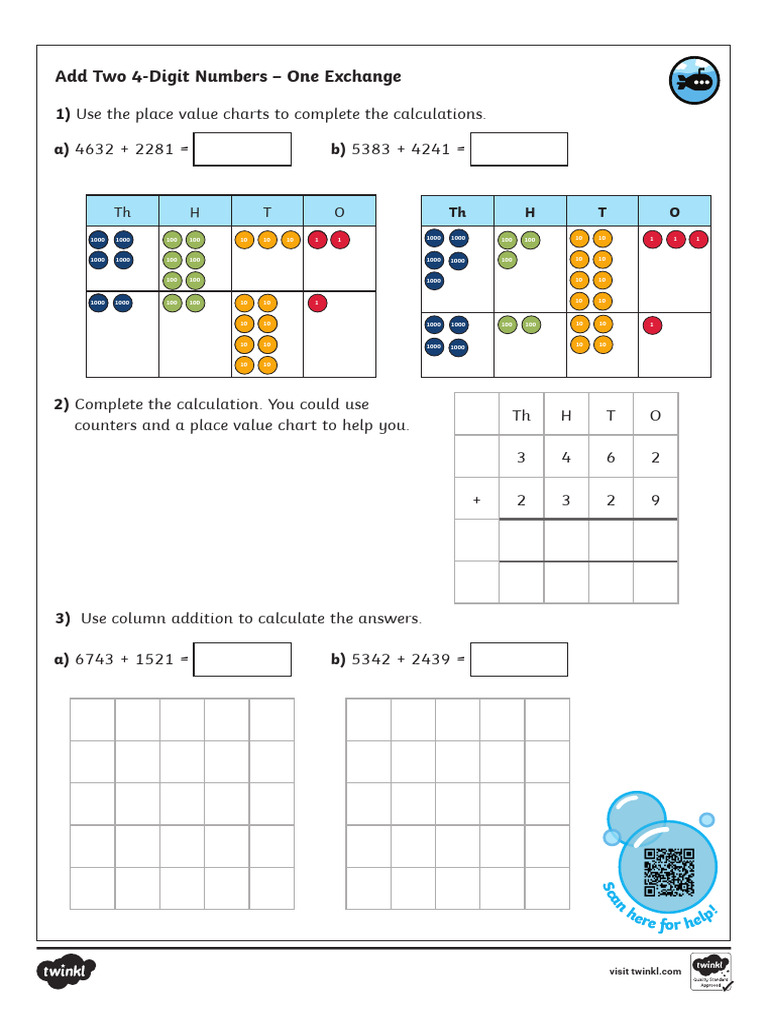 Horizontal Format Activity Sheet - Add Two 4-Digit Numbers - One ...