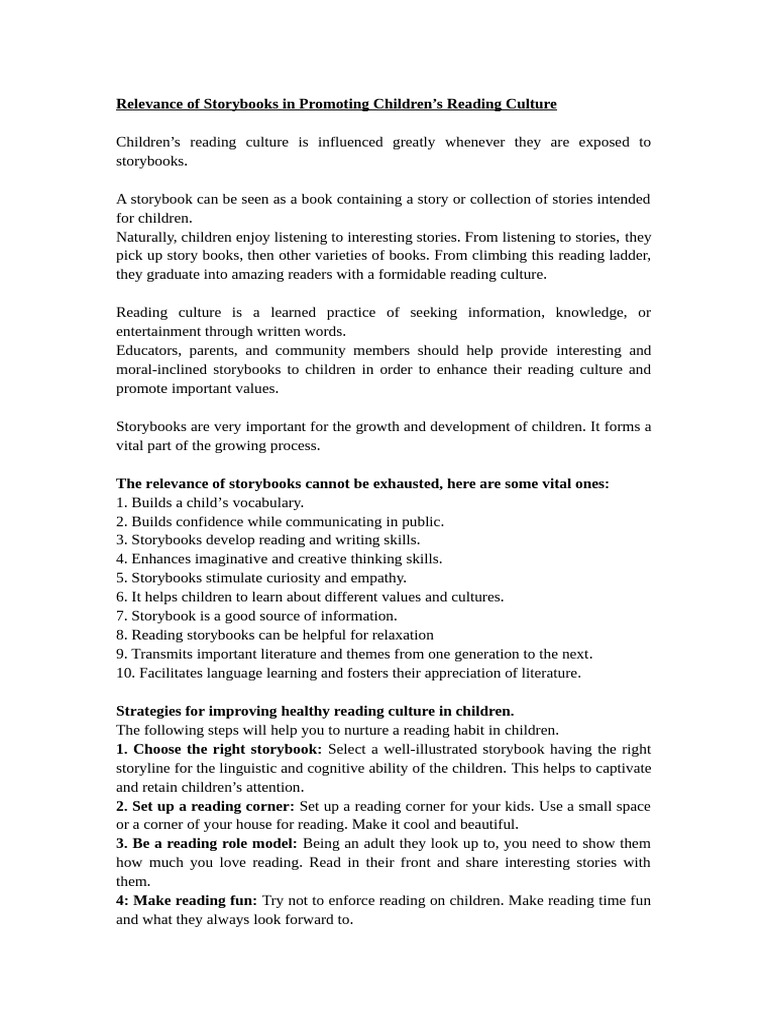 Relevance of Storybooks in Promoting Children's Reading Culture | PDF