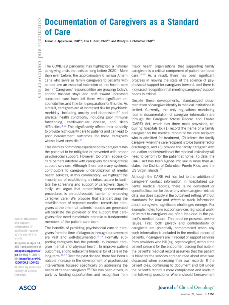 Documentation of Caregivers as a Standard of Care | PDF