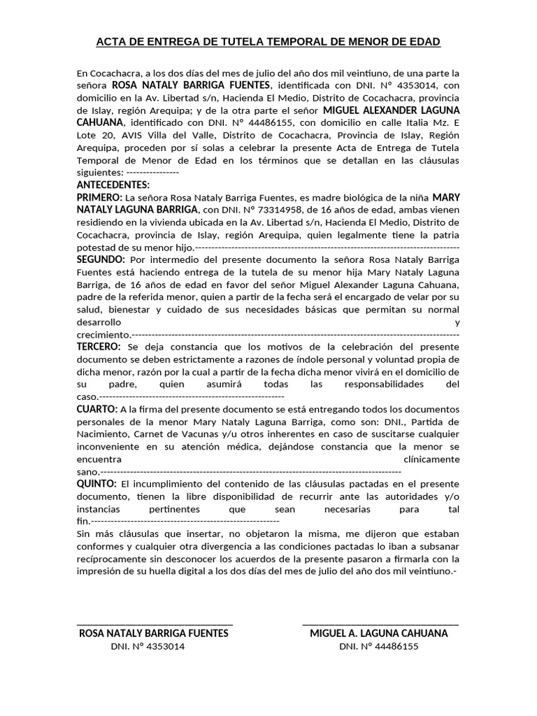ACTA DE TUTELA TEMPORAL MENOR DE EDAD | PDF