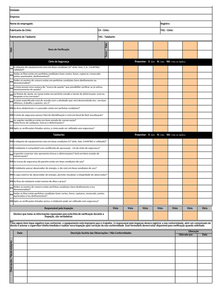 Check List Cinto de Segurança e Talabarte | PDF