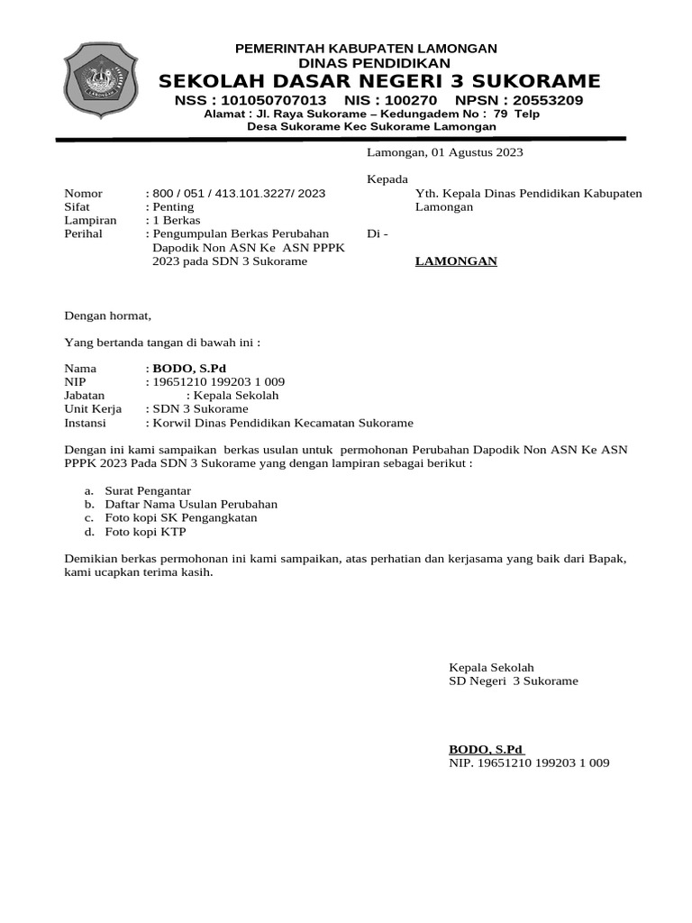 Surat Pengantar Perubahan Status PPPK 2023 | PDF