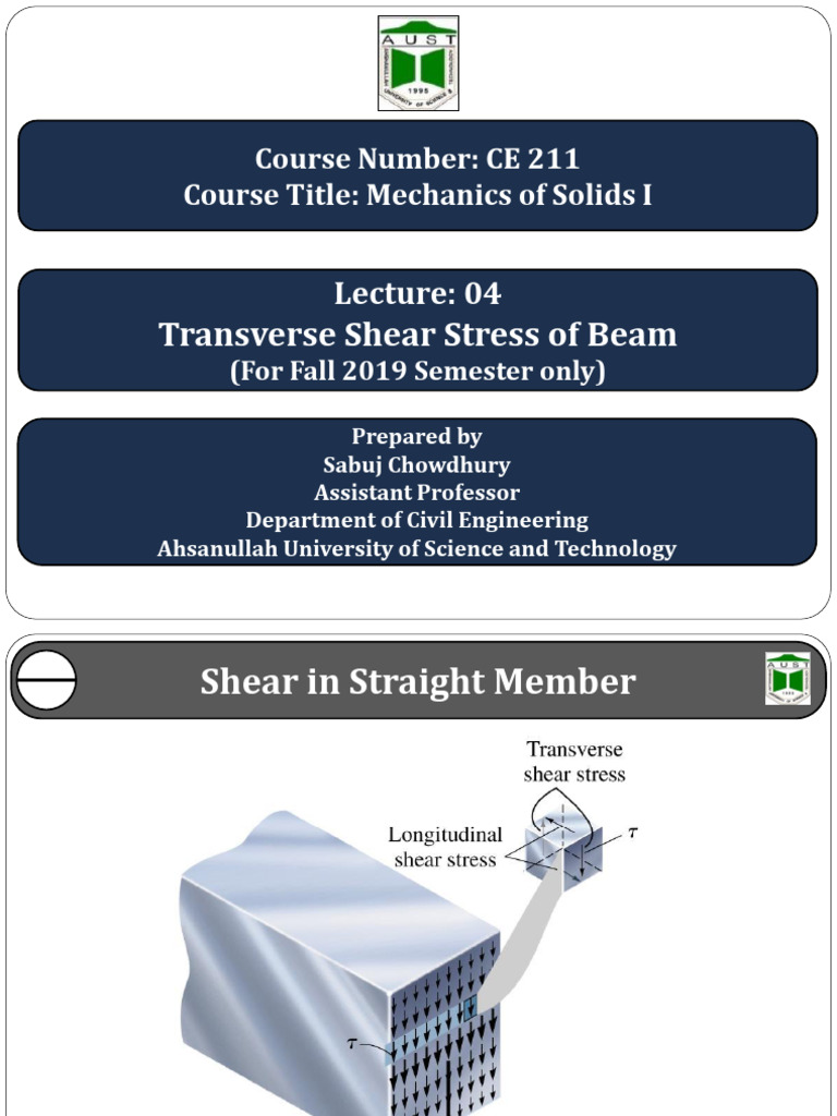 CE 211 Lecture 04 (Transverse Shear Stress of Beam) | PDF